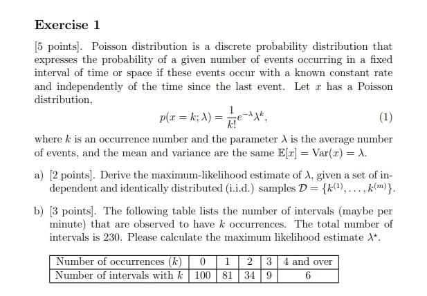Exercise 1 [5 points). Poisson distribution is a | Chegg.com
