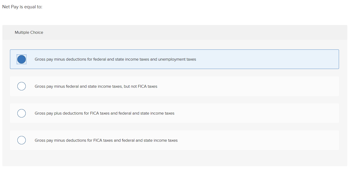 Solved Net Pay is equal to: Multiple Choice Gross pay minus | Chegg.com