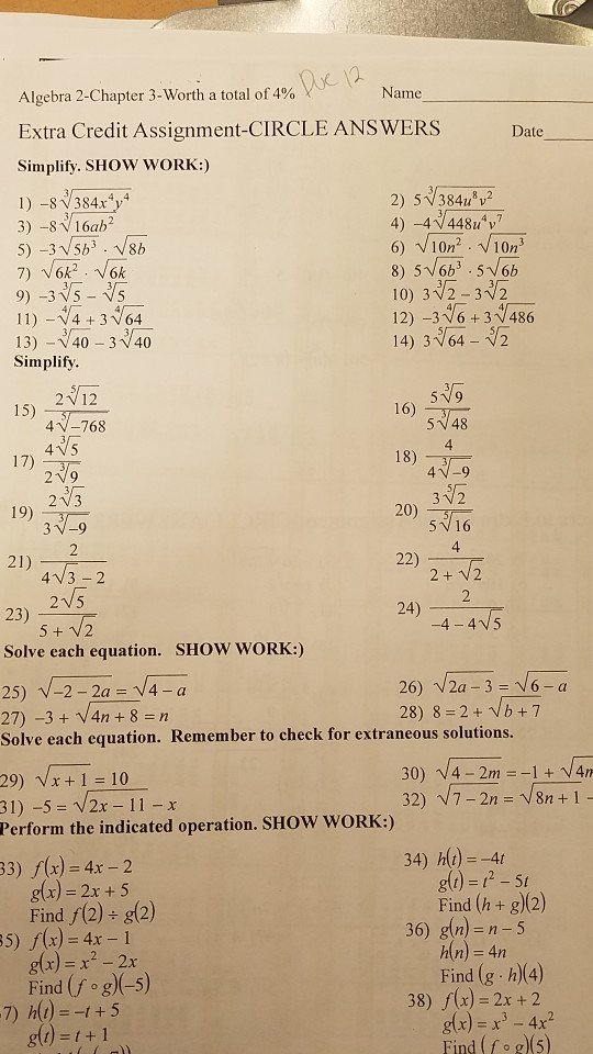 Solved Name Algebra 2-Chapter 3-worth a total of 4% Extra | Chegg.com