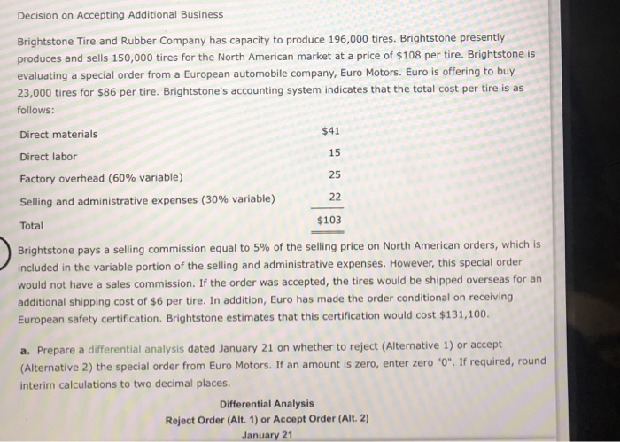 Solved Decision on Accepting Additional Business Brightstone | Chegg.com