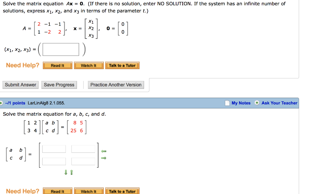Solved Solve the matrix equation Ax = O. (If there is no | Chegg.com