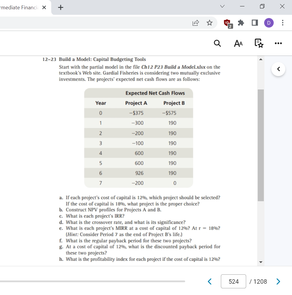 Solved 12-23 Build a Model: Capital Budgeting Tools Start | Chegg.com