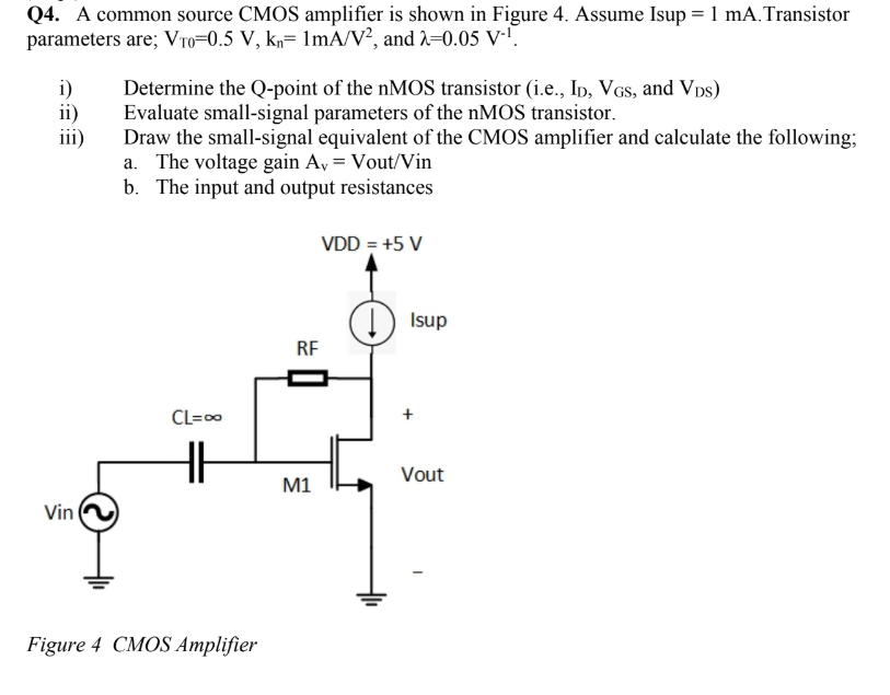Solved Q4. A common source CMOS amplifier is shown in Figure | Chegg.com
