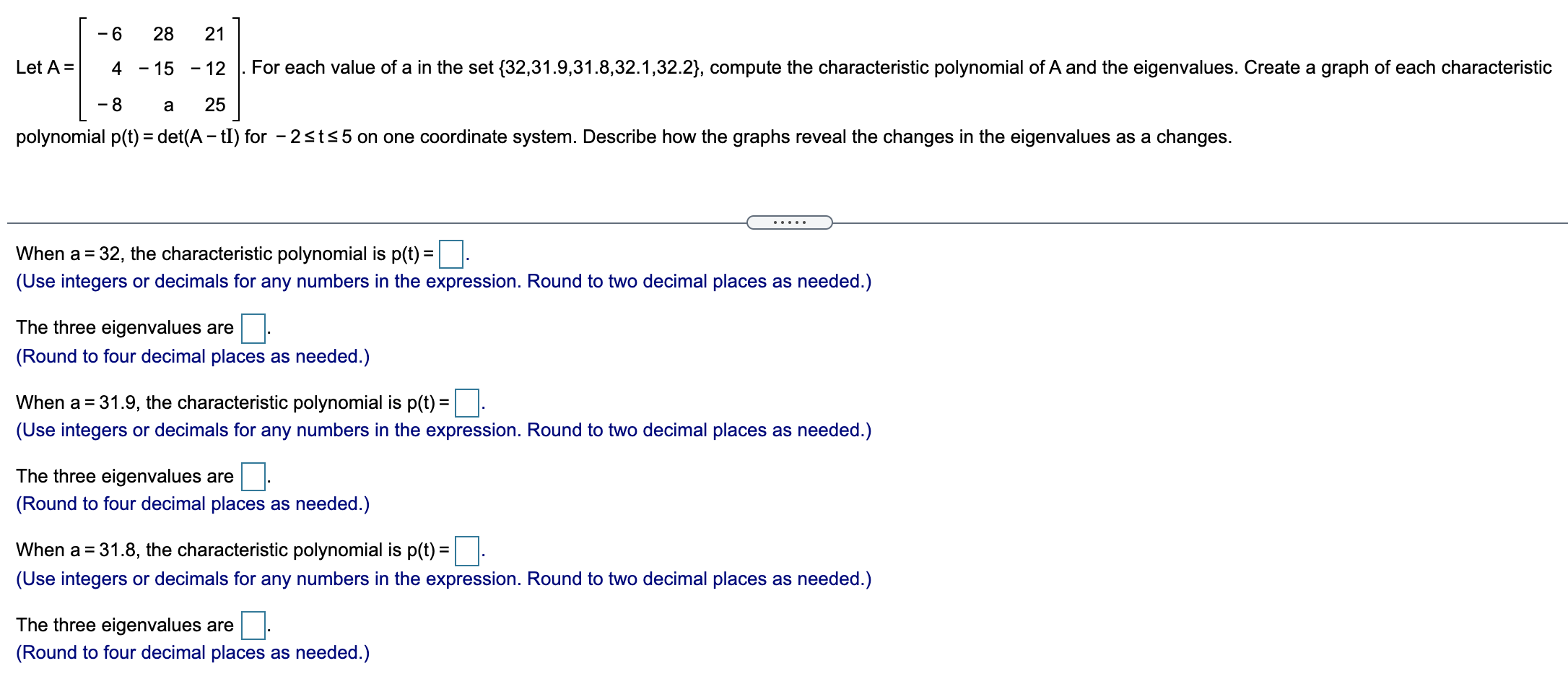 Solved -6 28 21 Let A= 4. - 15 - 12 For each value of a in | Chegg.com