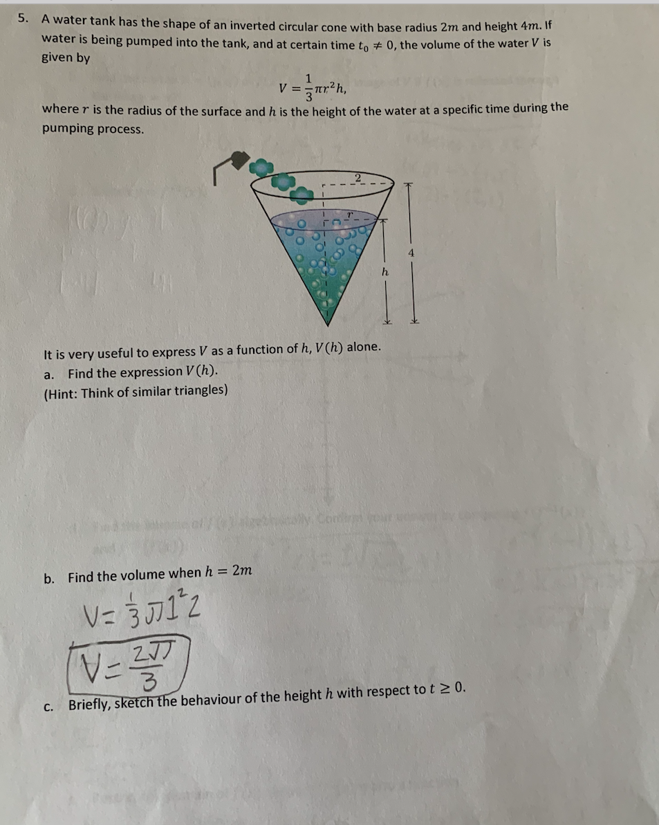 Solved 5. A water tank has the shape of an inverted circular | Chegg.com