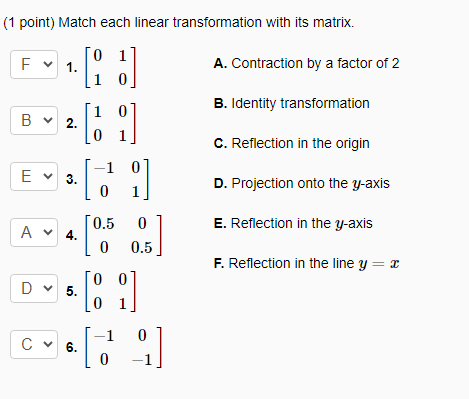 Solved (1 point) Match each linear transformation with its | Chegg.com