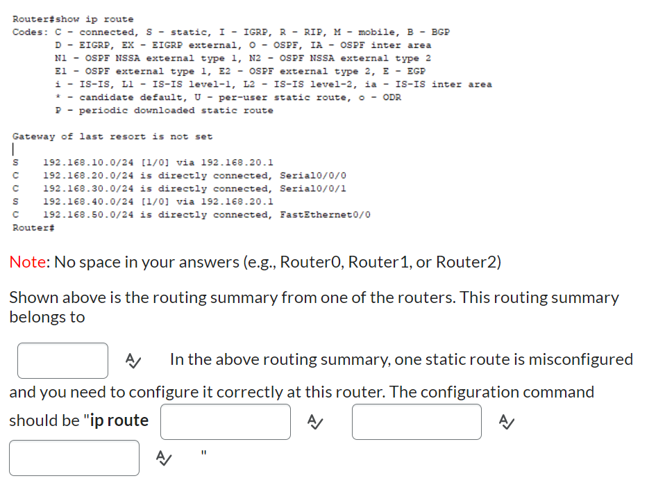 Solved Router\#show ip route Codes: C - connected, S - | Chegg.com