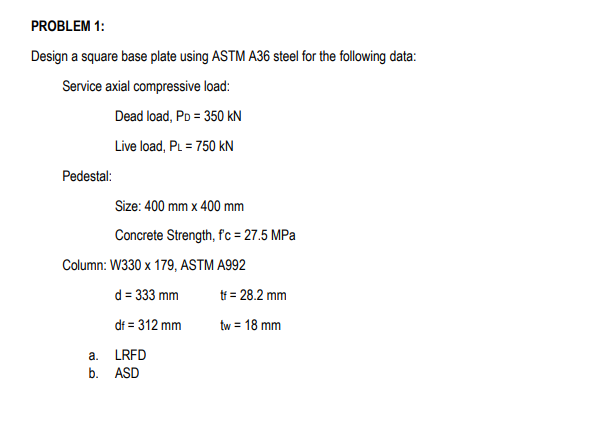 Solved PROBLEM 1: Design a square base plate using ASTM A36 | Chegg.com