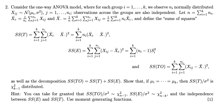 Solved 2. Consider the one-way ANOVA model, where for each | Chegg.com