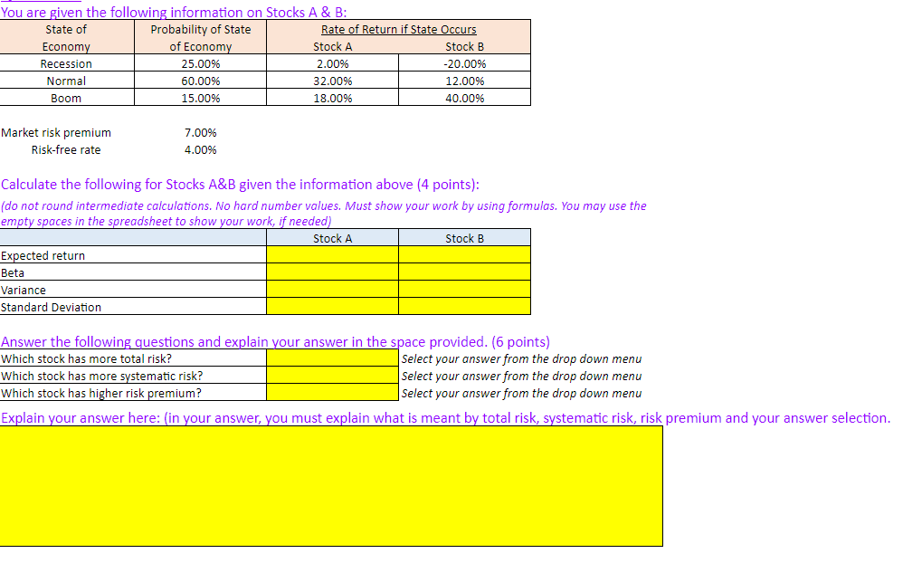 Solved Calculate the following for Stocks A\&B given the | Chegg.com
