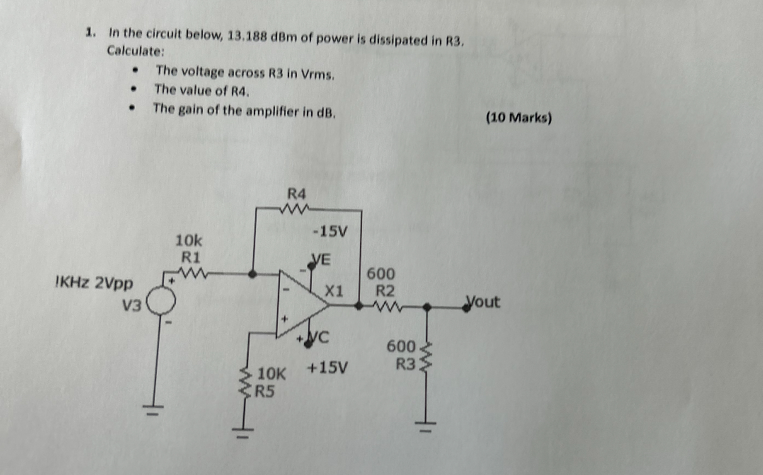 Solved 1. In the circuit below, \\( 13.188 \\mathrm{dBm} \\) | Chegg.com