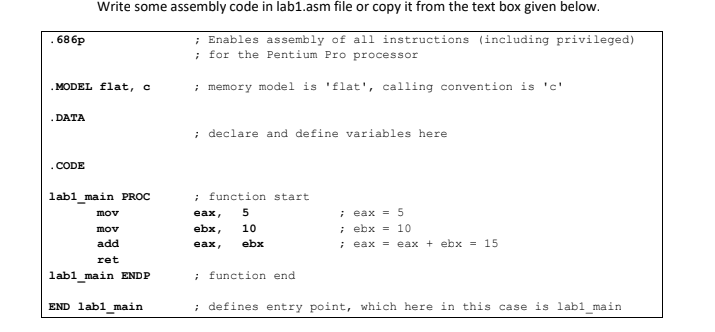 Write some assembly code in lab1.asm file or copy it | Chegg.com
