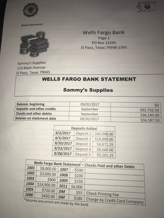 OCIETY Bank Statement Wells Fargo Bank Page 1 PO Box | Chegg.com