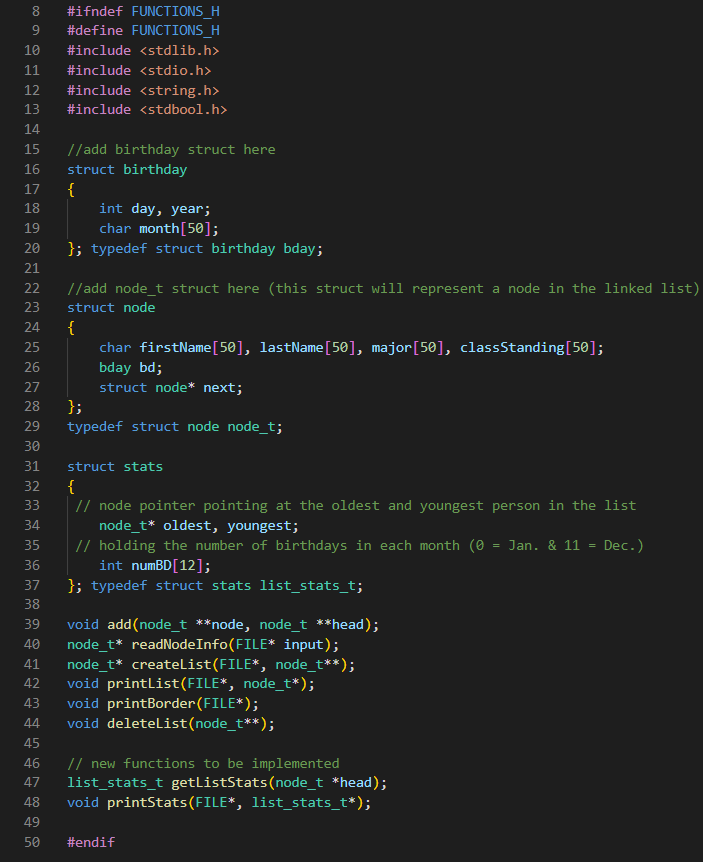 Solved (IN C) Linked List from File & Birthday Statistics: | Chegg.com