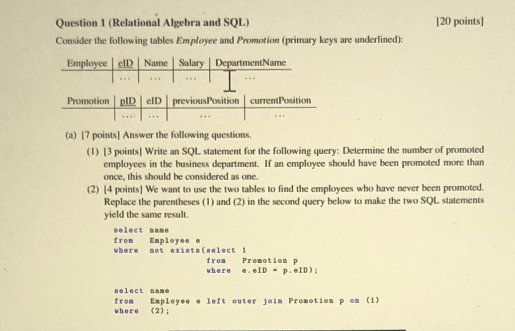 Solved Question 1 (Relational Algebra and SQL) [20 points] | Chegg.com