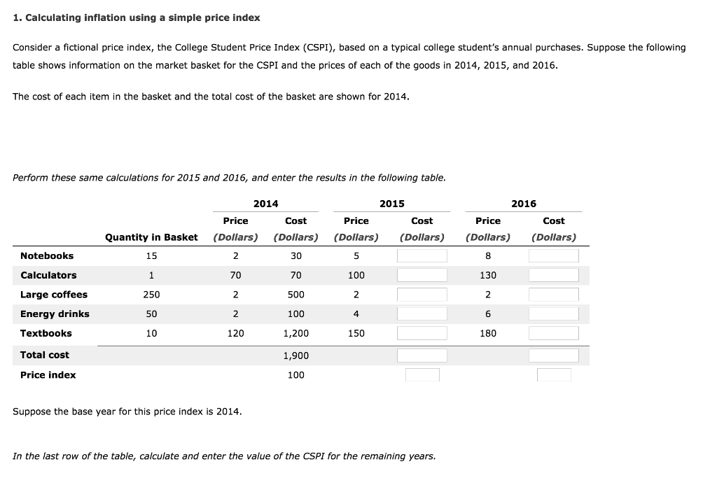Solved 1. Calculating inflation using a simple price index | Chegg.com