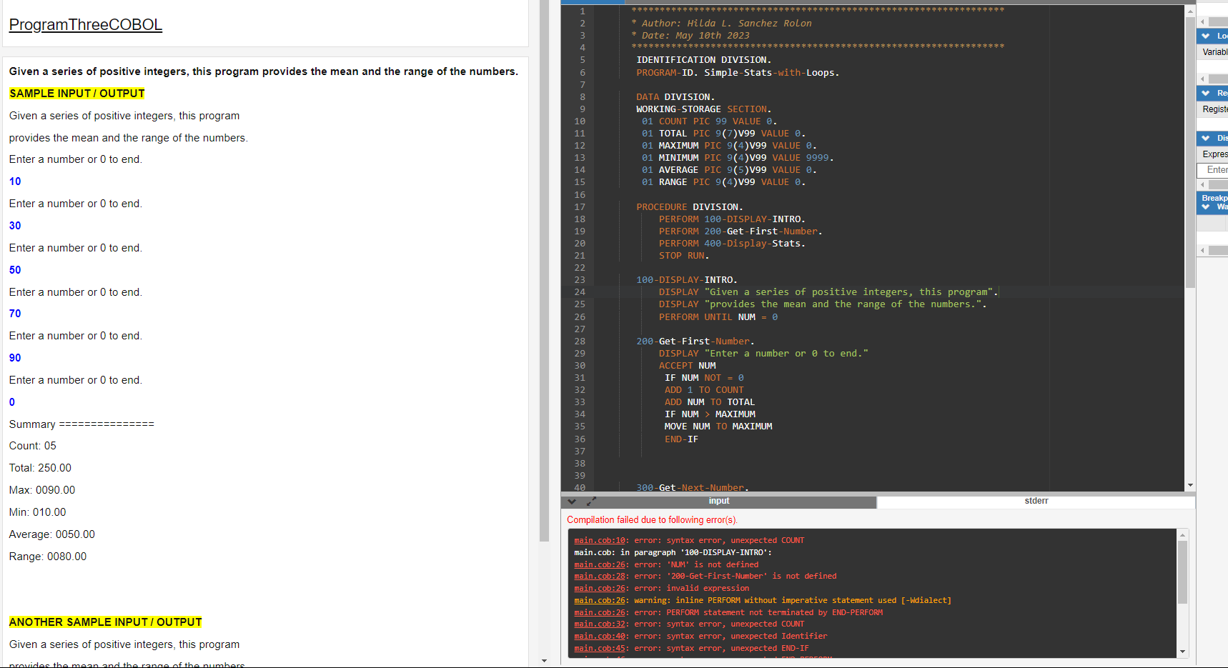 ProgramThreeCOBOL * Author: Hilda L. Sanchez Rolon * | Chegg.com