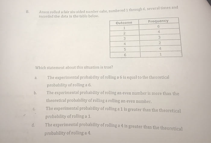 Solved 8.Anson rolled a fair six-sided number cube, numbered | Chegg.com