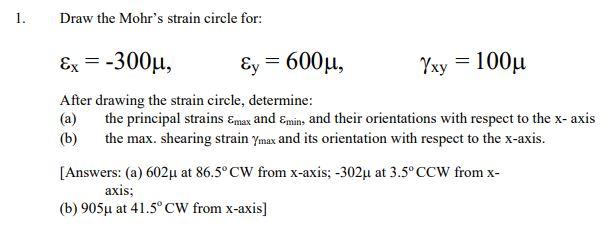 Solved 1. Draw the Mohr's strain circle for: (a) Ex = -300u, | Chegg.com