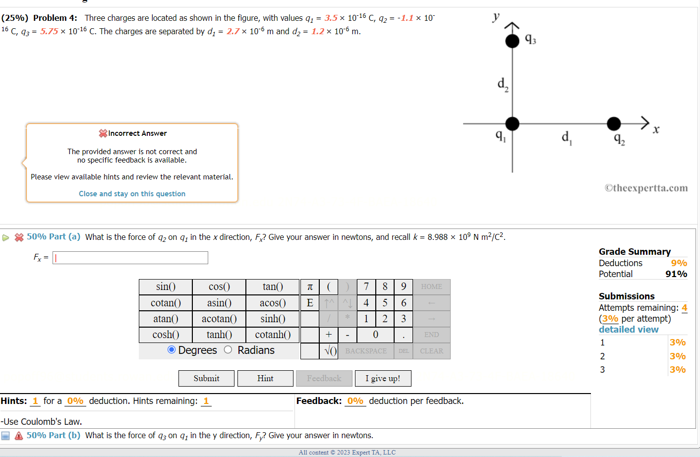 Solved 25 Problem 4 Three Charges Are Located As Shown 