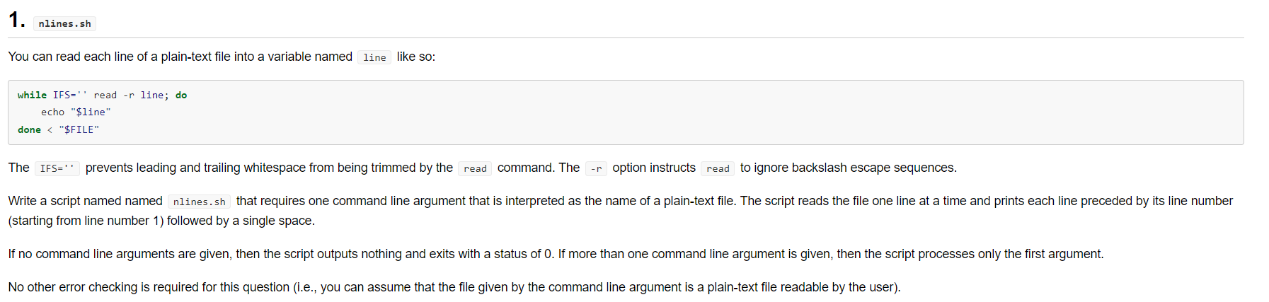Solved 1. nlines.sh You can read each line of a plain-text | Chegg.com