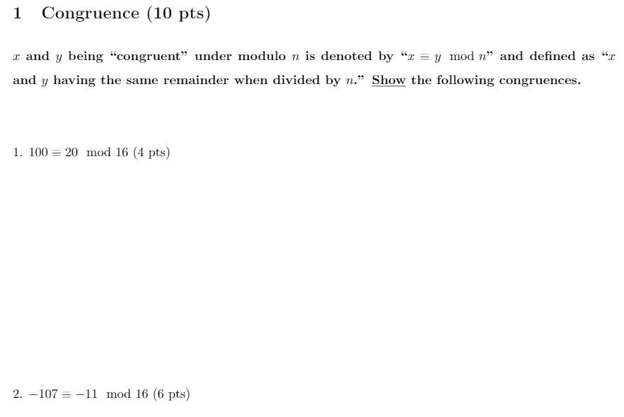 Solved 1 Congruence (10 pts) I and y being "congruent” under | Chegg.com