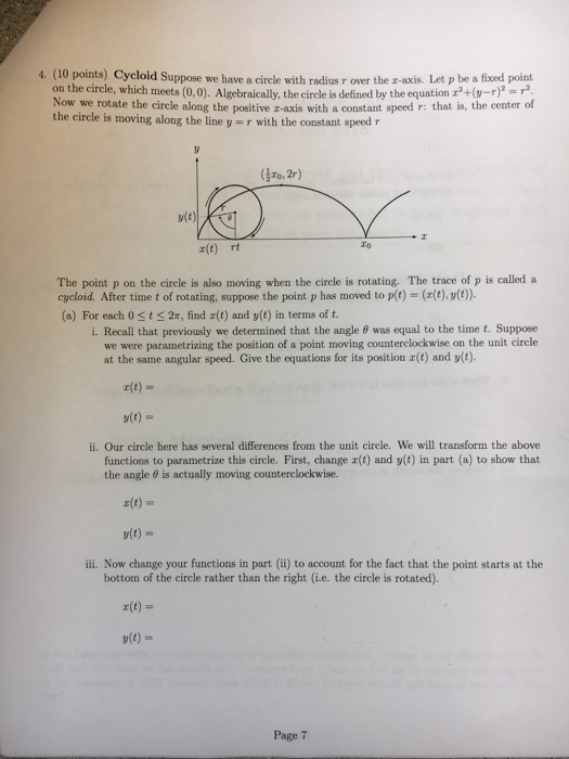 Solved 4. (10 points) Cycloid Suppose we have a circle with | Chegg.com