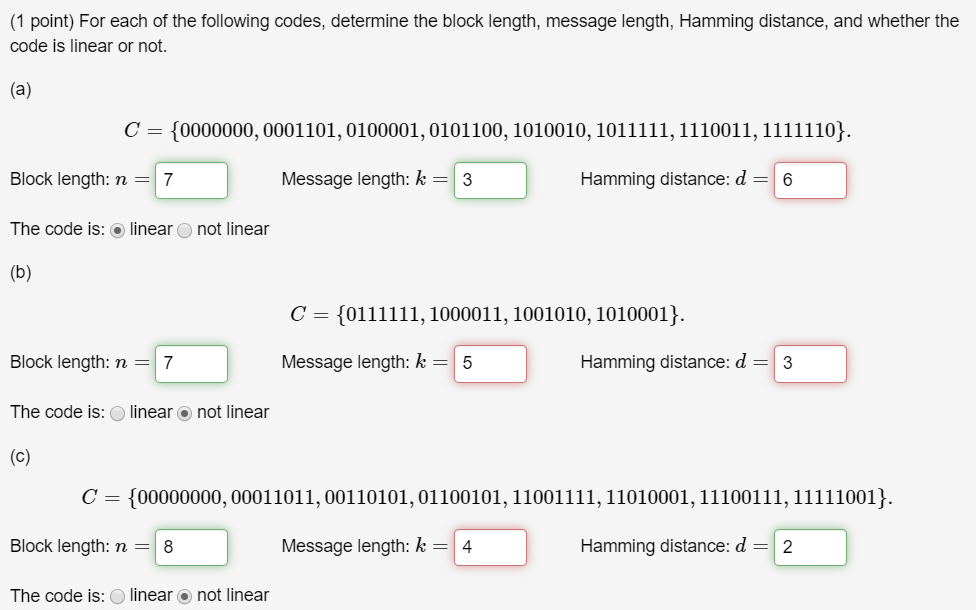 Solved (1 point) For each of the following codes, determine | Chegg.com