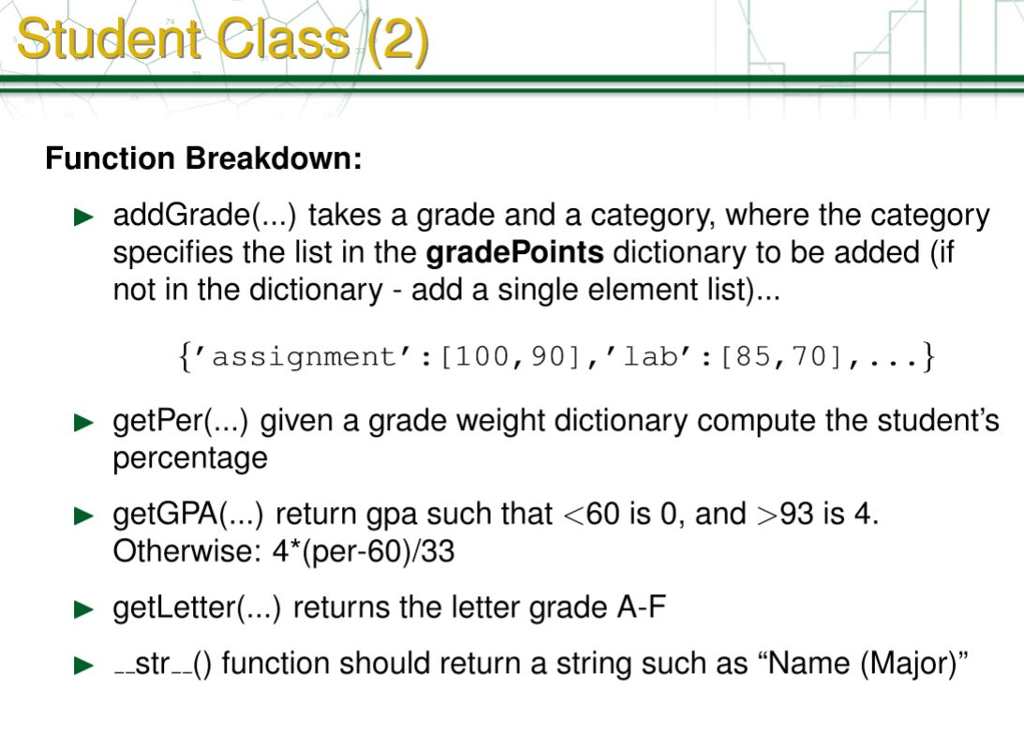Student Class (1) Write a class that satisfies the | Chegg.com