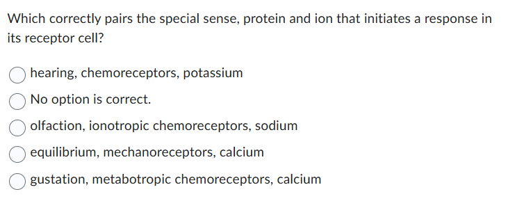 Solved Which correctly pairs the special sense, protein and | Chegg.com