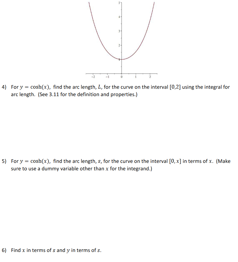 Solved 3 2- 0 4) For y = cosh(x), find the arc length, L, | Chegg.com