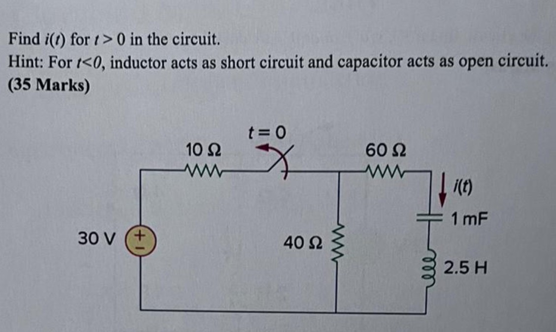 Solved Find i(t) ﻿for t>0 ﻿in the circuit.Hint: For t