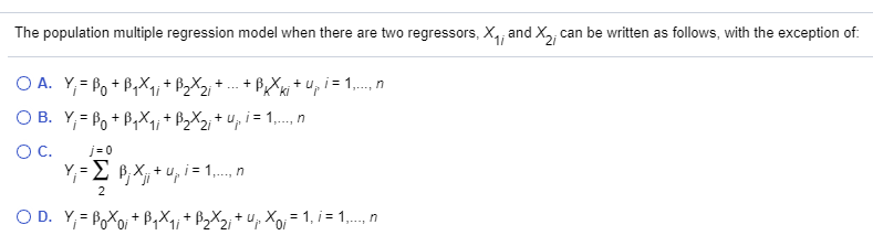 Solved The population multiple regression model when there | Chegg.com