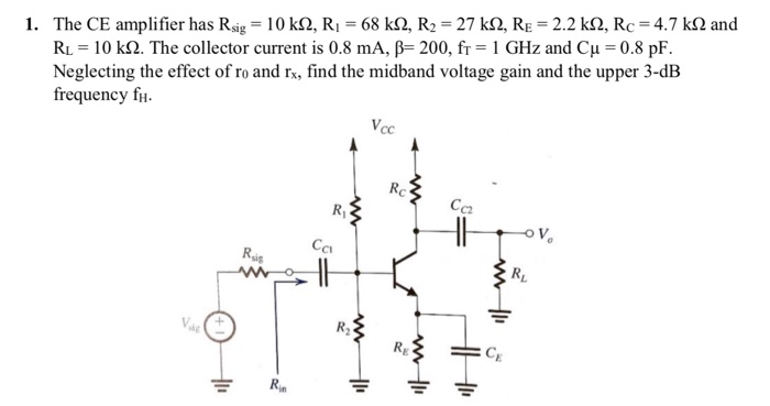 Solved 1. The CE amplifier has Rsig-10 kQ, R1-68 kQ, R2-27 | Chegg.com