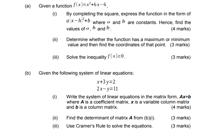 Solved (a) Given a function f(x)=x2+6x−6, (i) By completing | Chegg.com