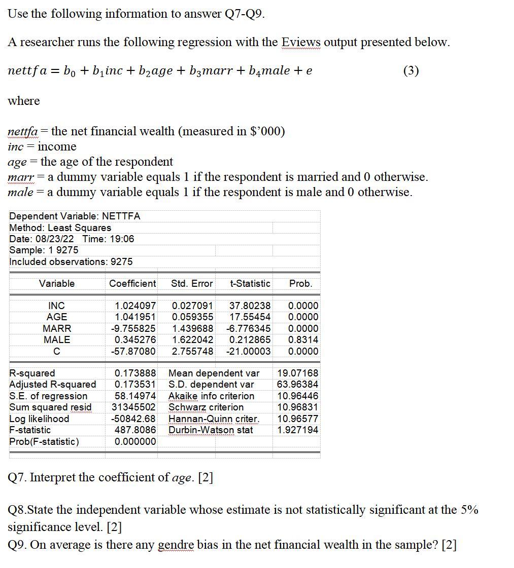 Solved Use the following information to answer Q7-Q9. A | Chegg.com