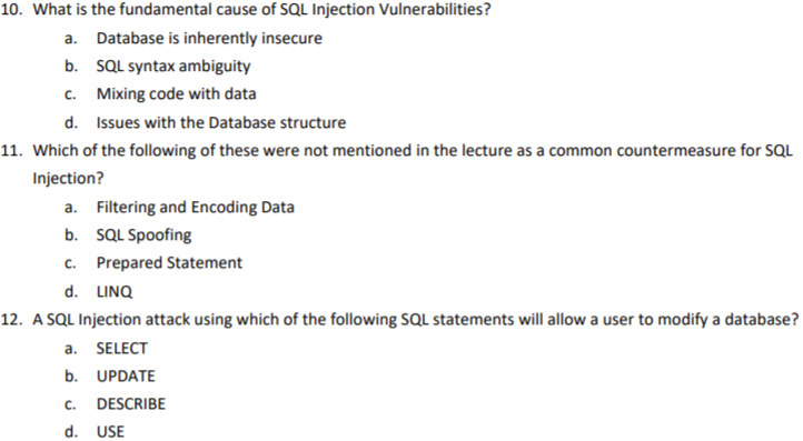 Solved 10. What is the fundamental cause of SQL Injection | Chegg.com