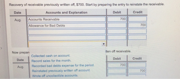 Solved Recovery of receivable previously written off, $700. | Chegg.com