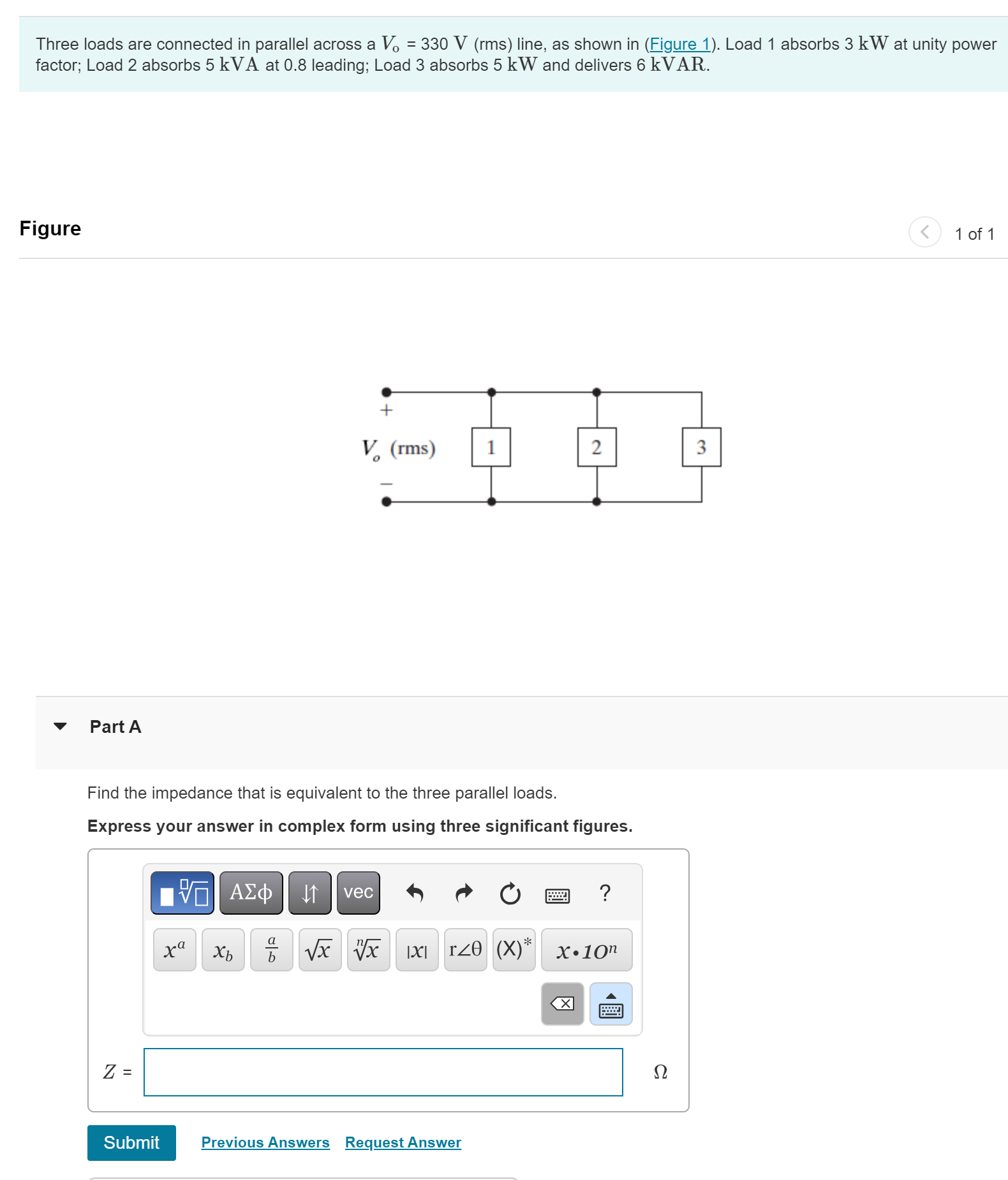 Solved Three loads are connected in parallel across a Vo=330 | Chegg.com