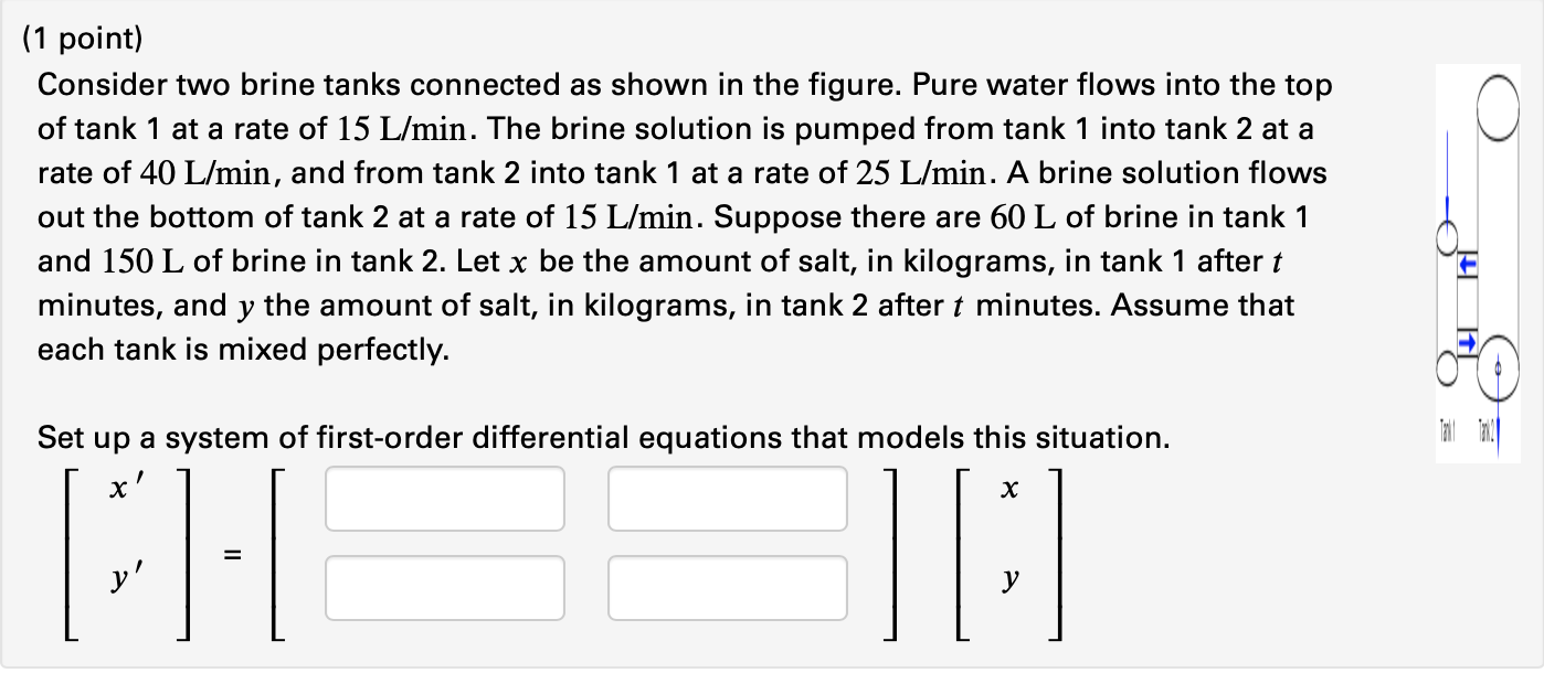 Solved (1 point) Consider two brine tanks connected as shown | Chegg.com