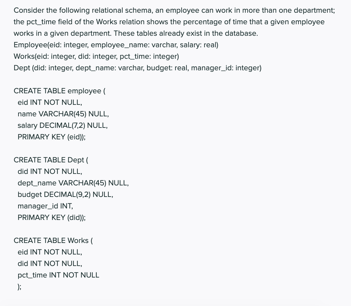 Solved Consider the following relational schema, an employee | Chegg.com