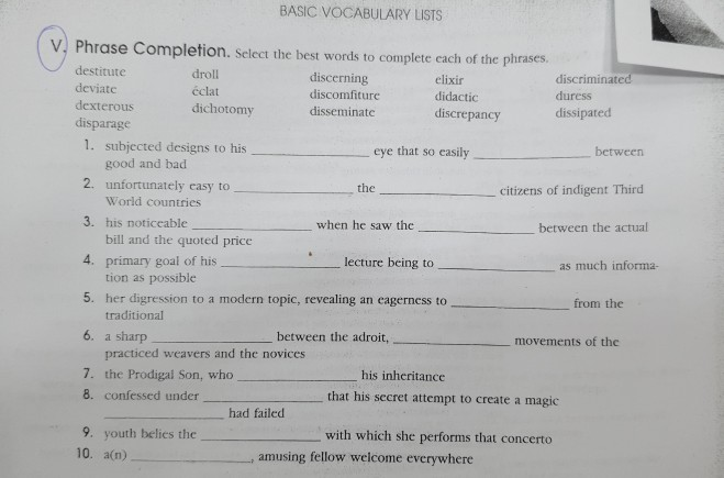 BASIC VOCABULARY LISTS V, Phrase Completion. Select | Chegg.com