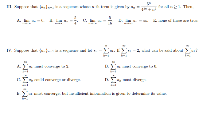 Solved 5n II. Suppose that (aI- is a sequence whose n-th | Chegg.com