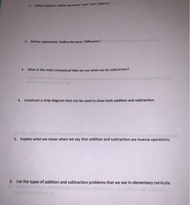 Solved 1. Define addition. Define the terms "sum" and | Chegg.com