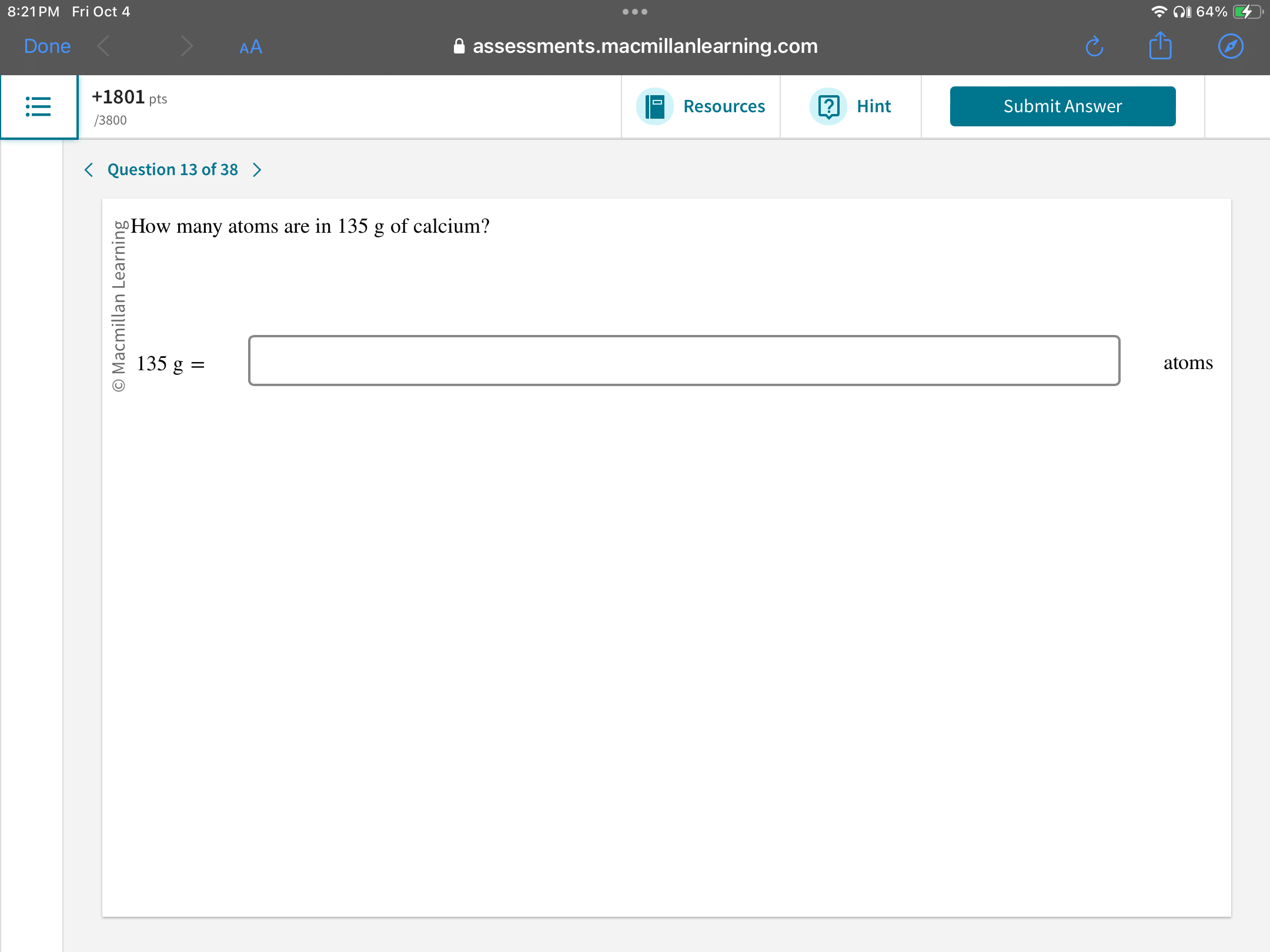 Solved 00 ﻿How many atoms are in 135 ﻿g of calcium? | Chegg.com