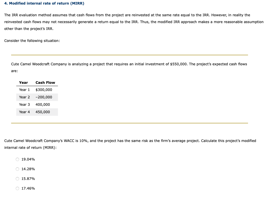 Solved 4. Modified internal rate of return (MIRR) The IRR | Chegg.com