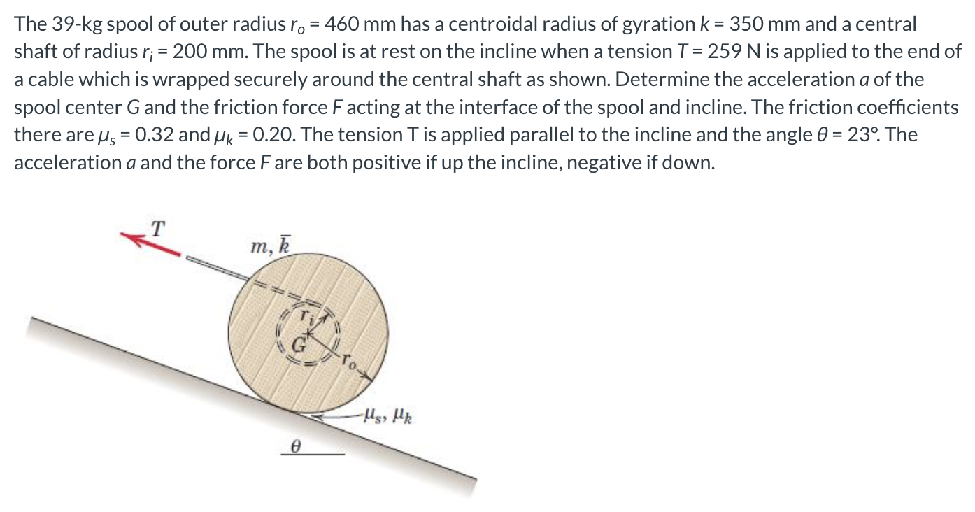 Solved The 39- kg spool of outer radius ro=460 mm has a | Chegg.com