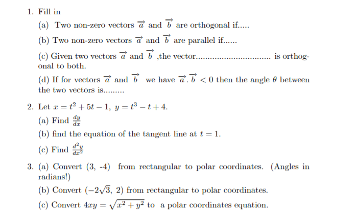 Solved 1. Fill in (a) Two non-zero vectors ū and 7 are | Chegg.com