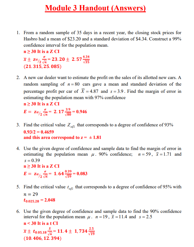 Solved Module 3 Handout (Answers) 1. From a random sample of | Chegg.com