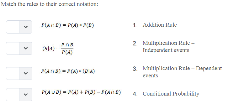Solved Match the rules to their correct notation: P(An B) | Chegg.com